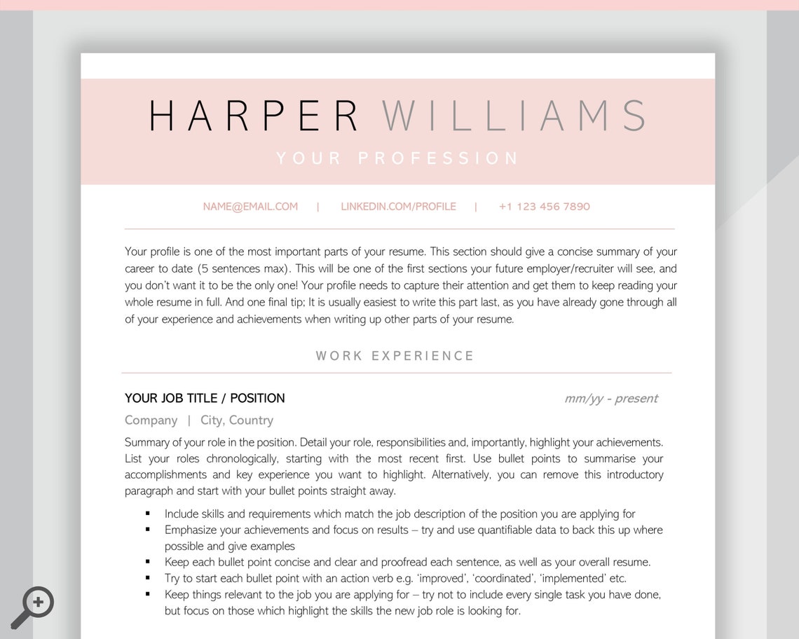 ONE Page Resume Template Word. CV Template Professional Cv - Etsy