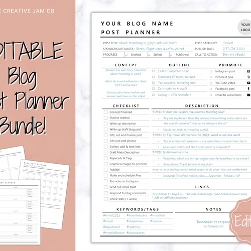Blog Post Planner Templates EDITABLE Blogger Bundle Blog - Etsy