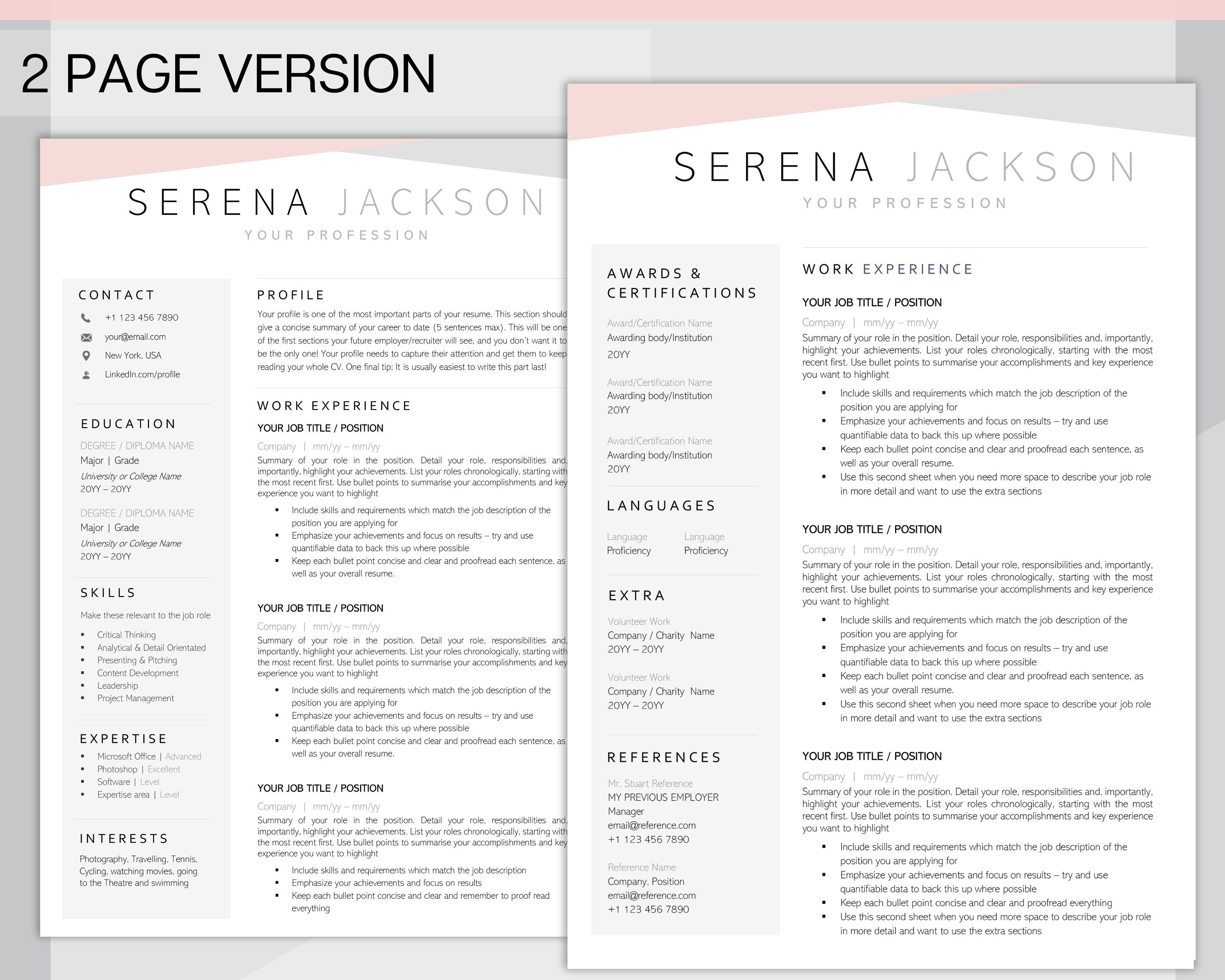 2 Page Resume Template Word. CV Template Professional CV | Etsy UK
