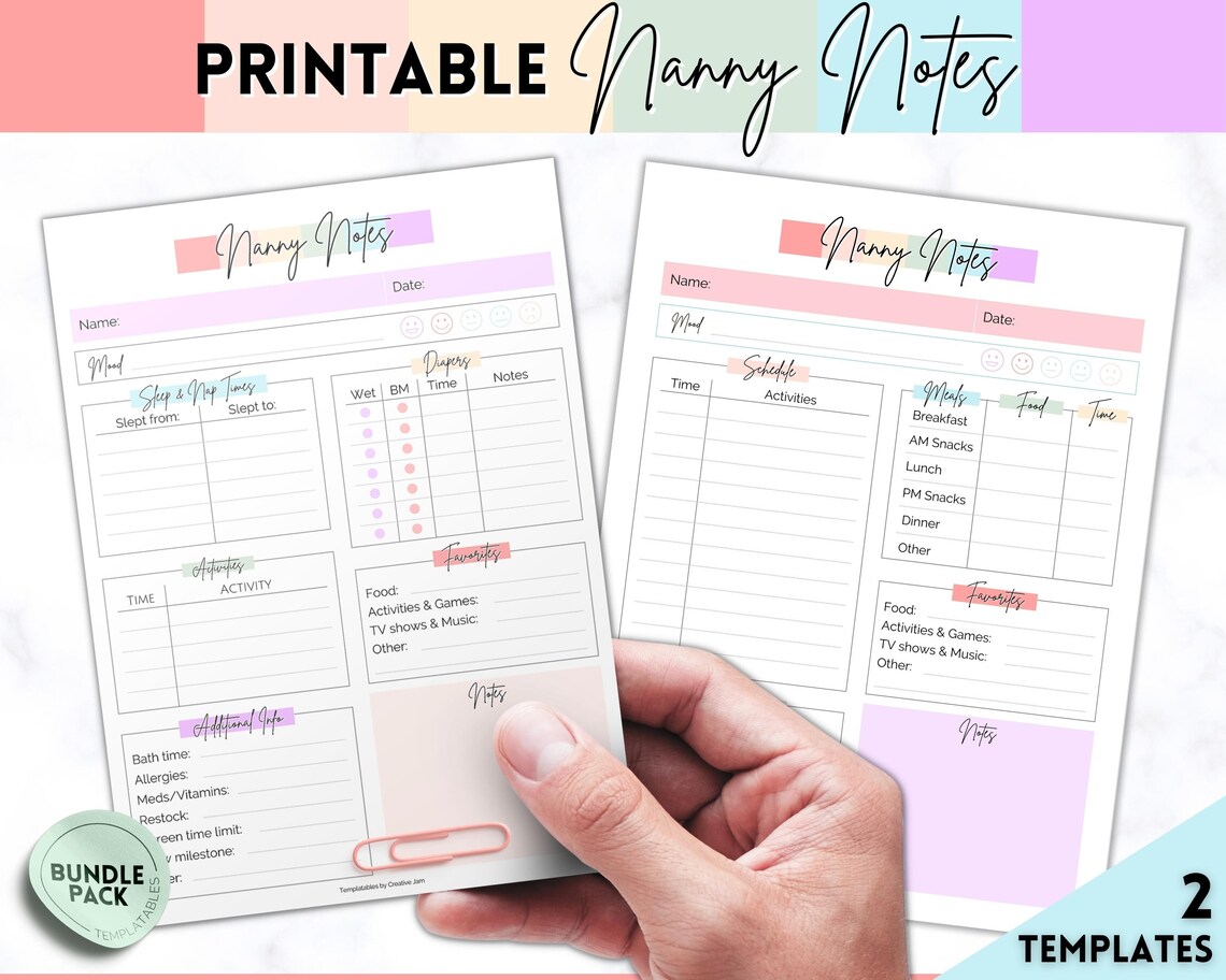 Nanny Schedule, Nanny Notes & Report Template for Baby, Babysitter Info ...