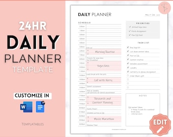 24 Hour Daily Planner, EDITABLE Template, Hourly Planner, to Do List ...