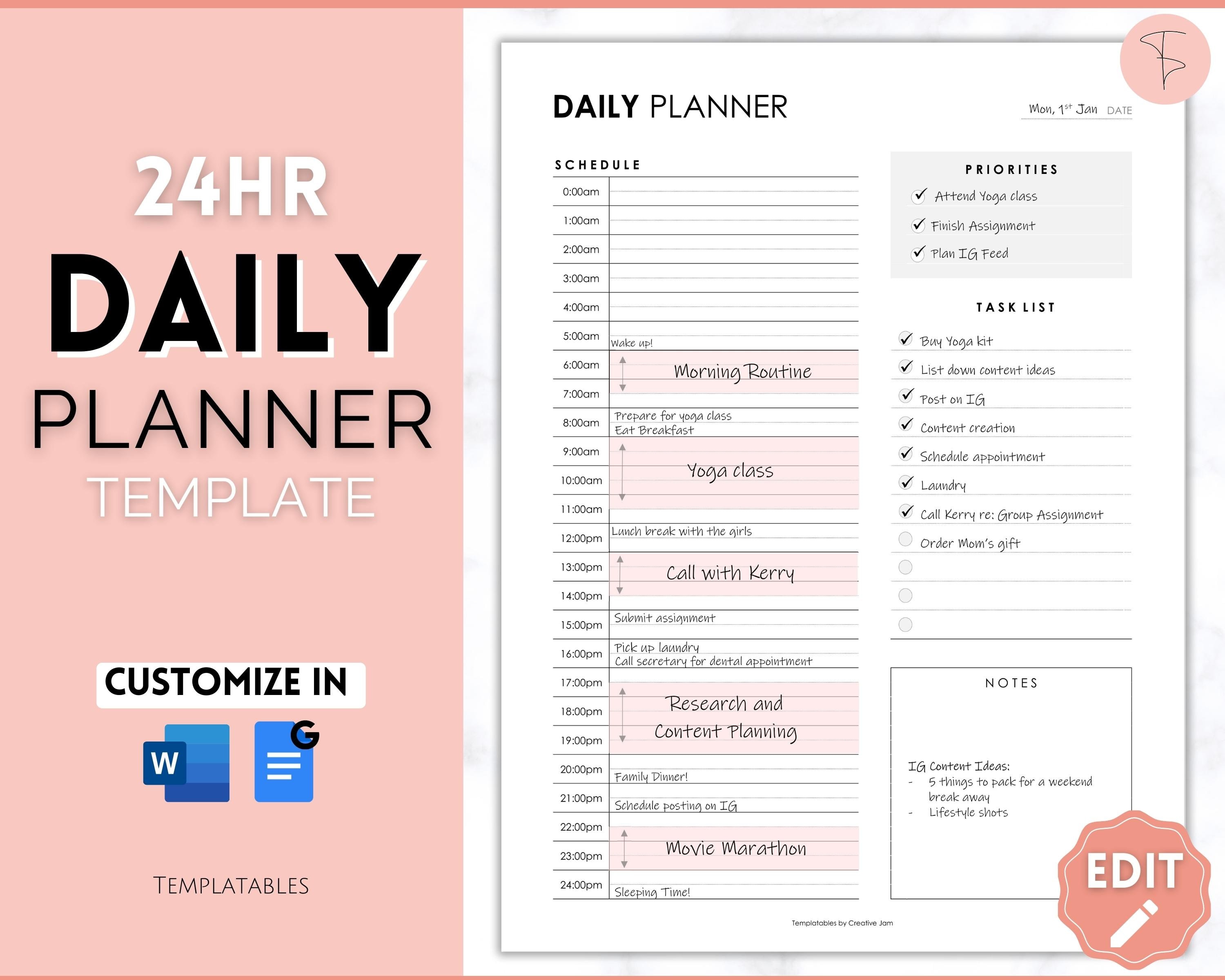 24 Hour Daily Planner, EDITABLE Template, Hourly Planner, to Do List ...