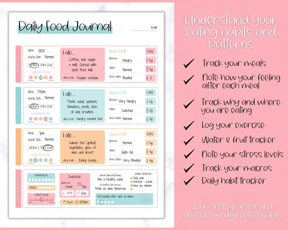 Daily Food Diary Printable Colorful Food Journal Diet & - Etsy