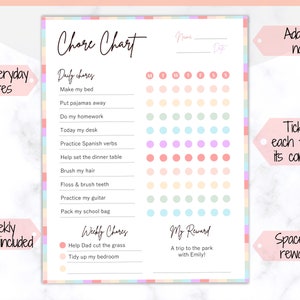 Chore Chart for Kids, Girls Reward Chart Template, Editable Chore Chart ...