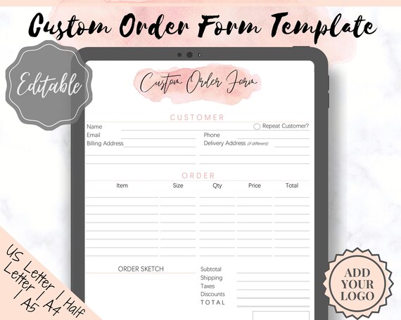 Custom Orders Custom ORDER FORM Template Receipt Form EDITABLE Crafters ...