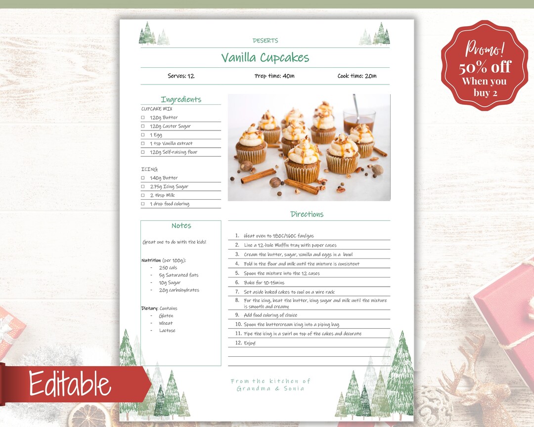 Recipe Sheet Template, EDITABLE CHRISTMAS Recipe Book Template, Recipe ...
