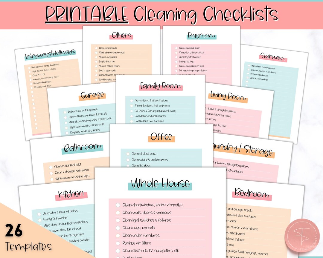 Cleaning Checklist, Printable Room by Room Cleaning Cards, Family ...
