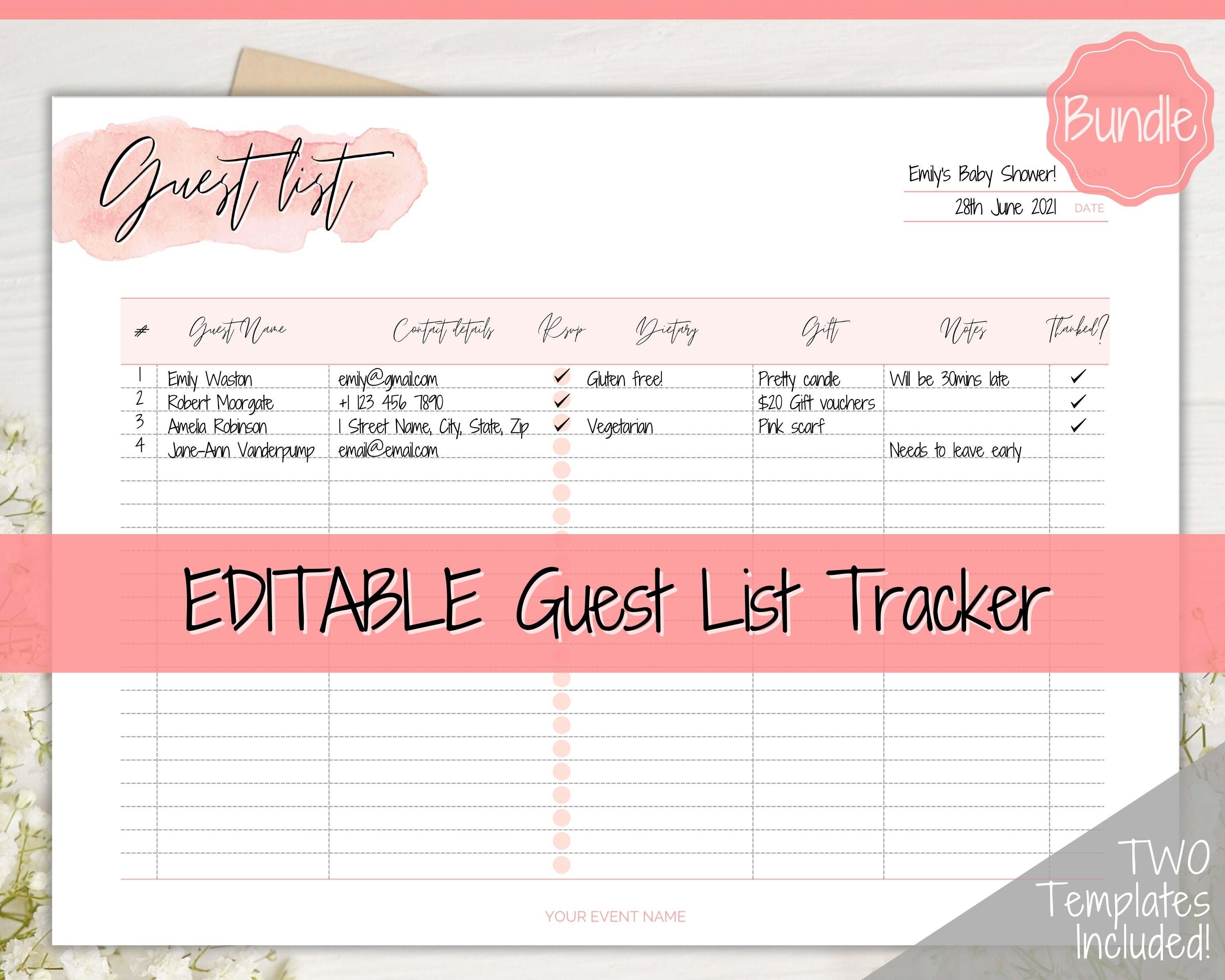 Guest List Template, Editable Guest List Tracker With RSVP, Party ...