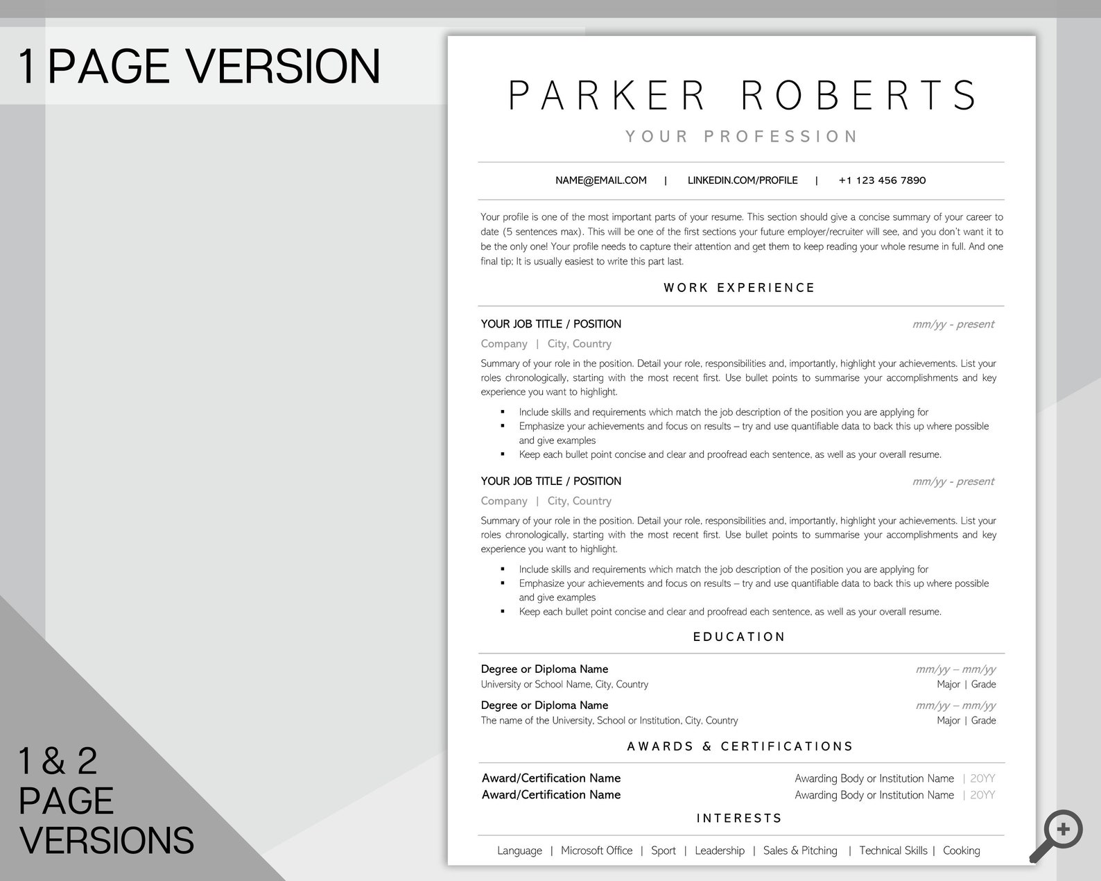 ONE Page Resume Template Word. CV Template Professional Cv | Etsy UK
