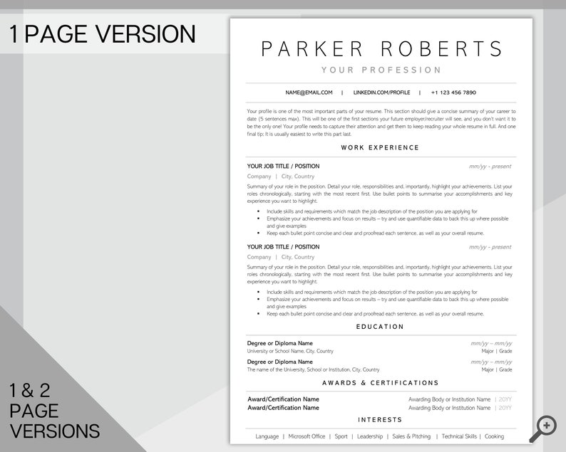 ONE Page Resume Template Word. CV Template Professional Cv - Etsy UK