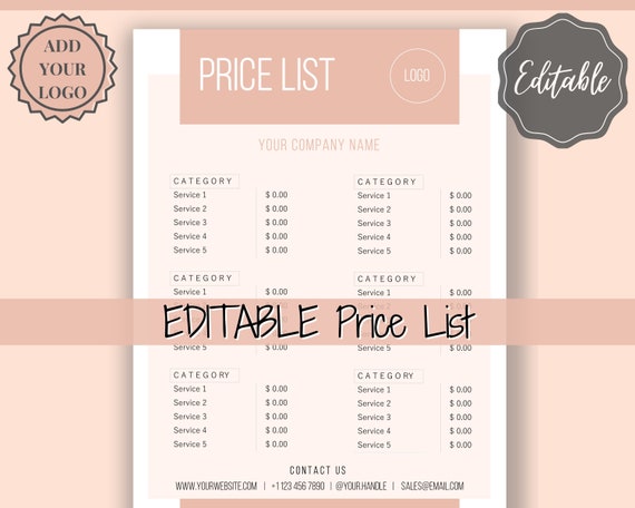 PRICE LIST Template Editable. Printable Price Sheet Price | Etsy UK
