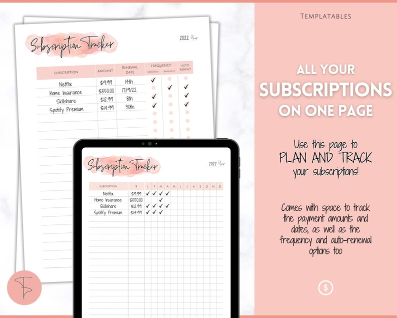 SUBSCRIPTION Tracker Printable Expense Tracker Budget - Etsy