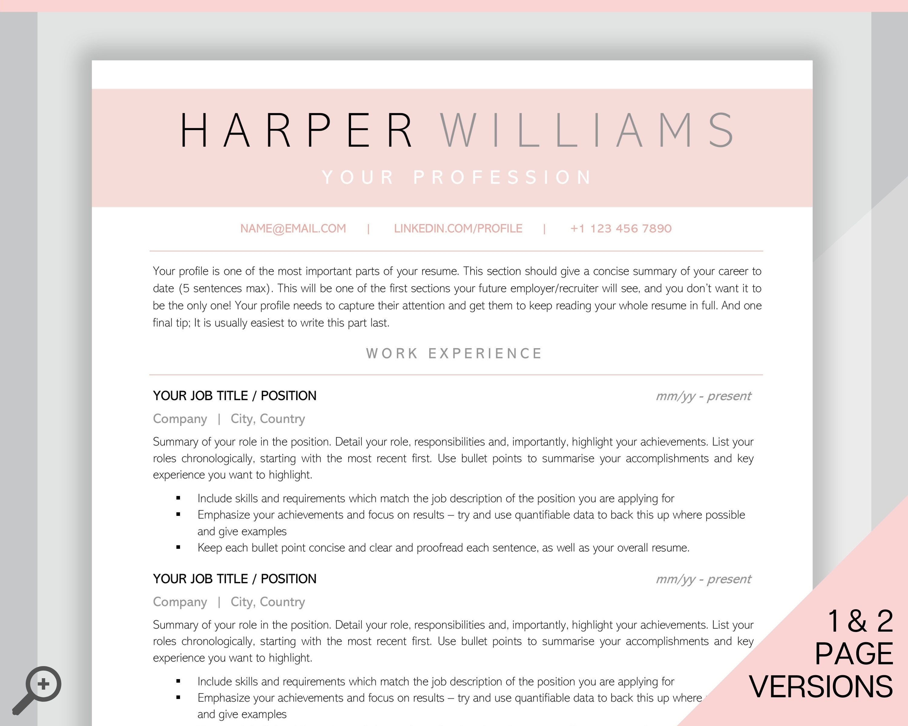 2 Page Resume Template Word. CV Template Professional CV - Etsy UK