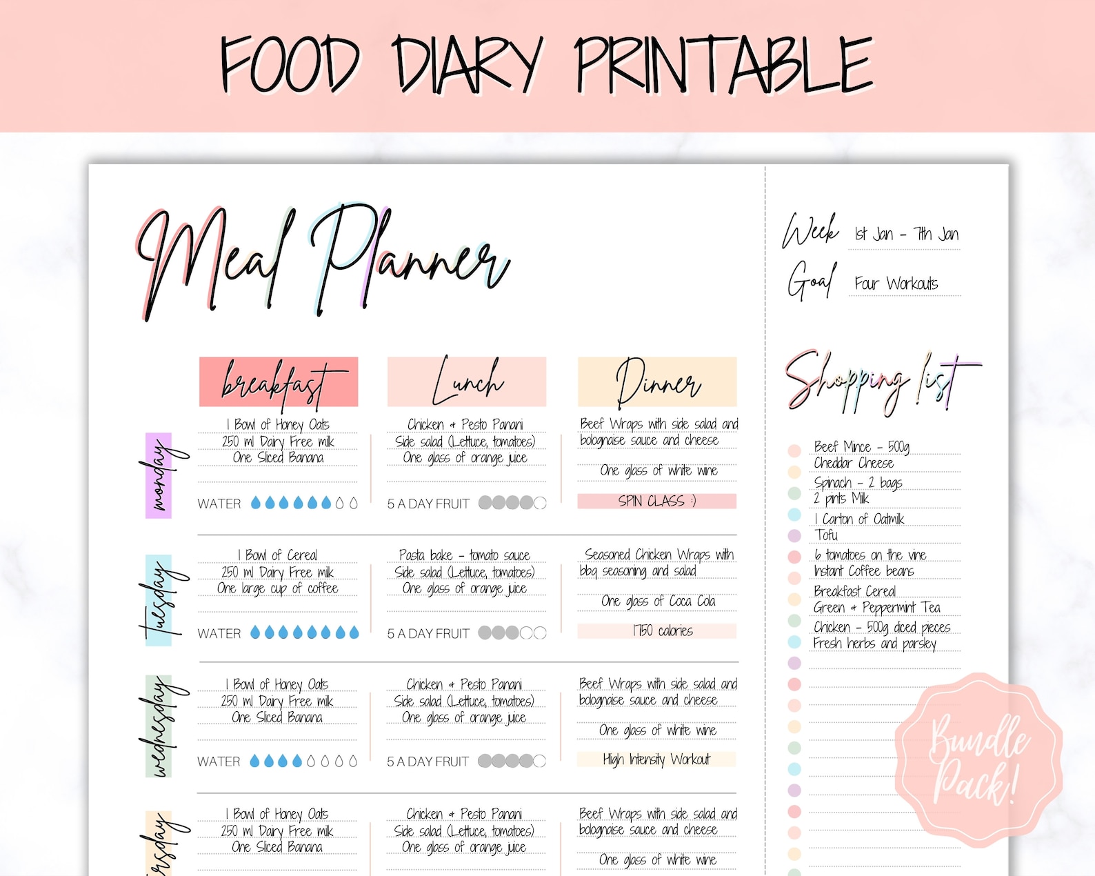 Meal Tracker Printable Weekly Food Diary Meal Planner Food | Etsy