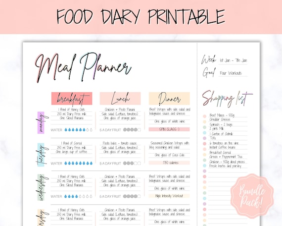 Meal Tracker Printable Weekly Food Diary Meal Planner Food | Etsy