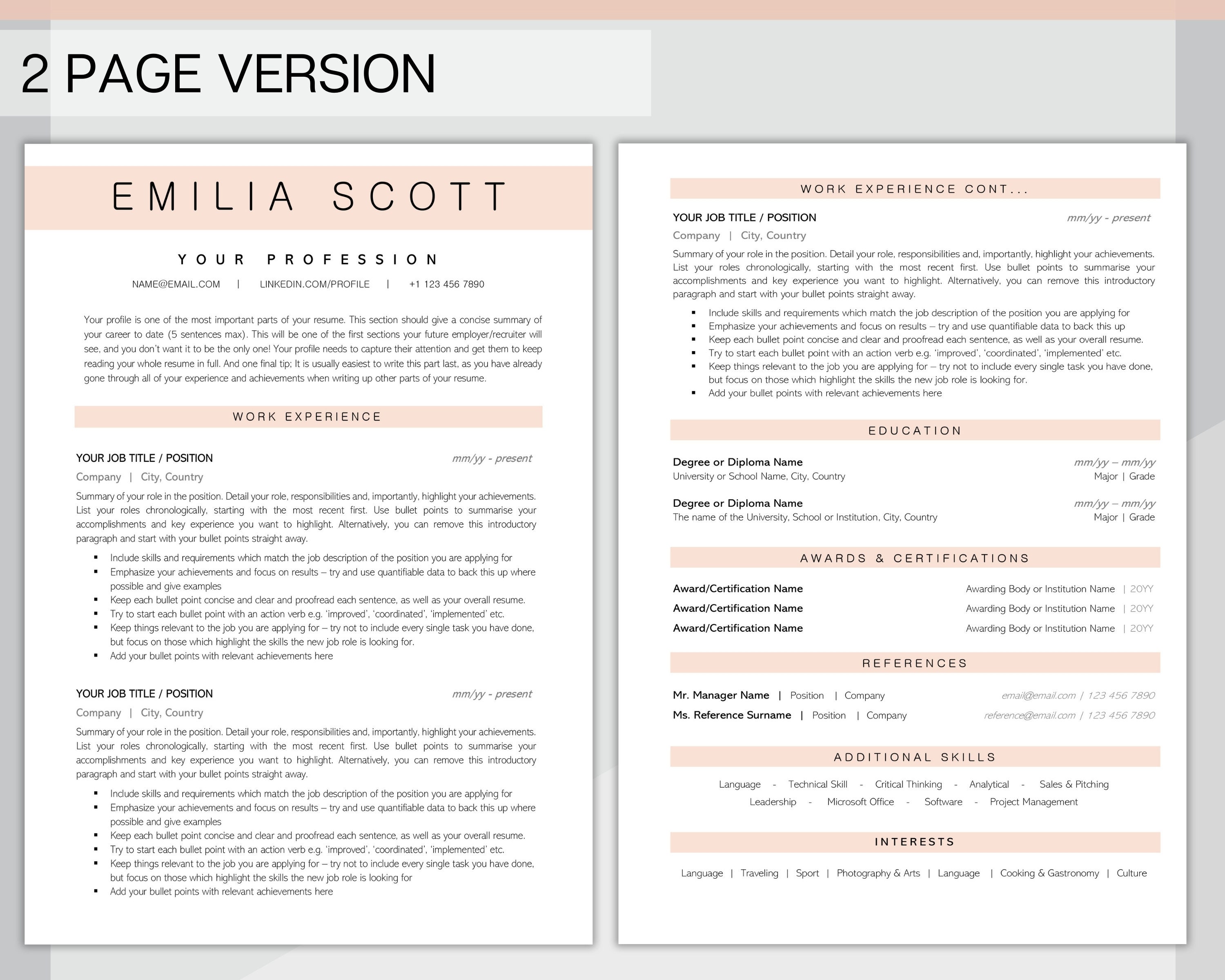 2 Page Resume Template Word. CV Template Professional CV - Etsy UK