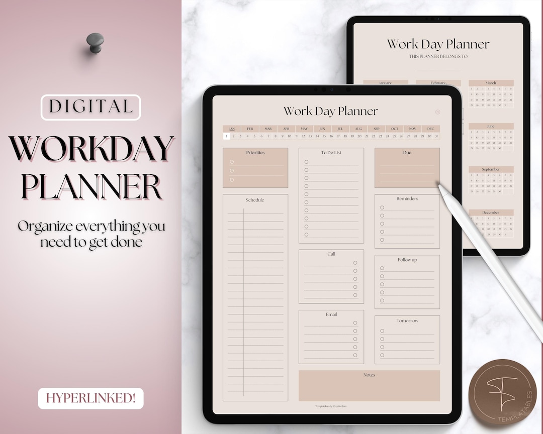 Work From Home Digital Planner, Work Day Organizer, Daily Planner, Work ...
