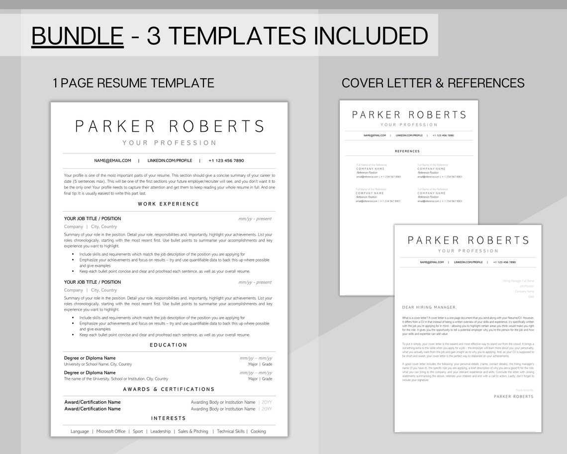 ONE Page Resume Template Word. CV Template Professional Cv - Etsy UK
