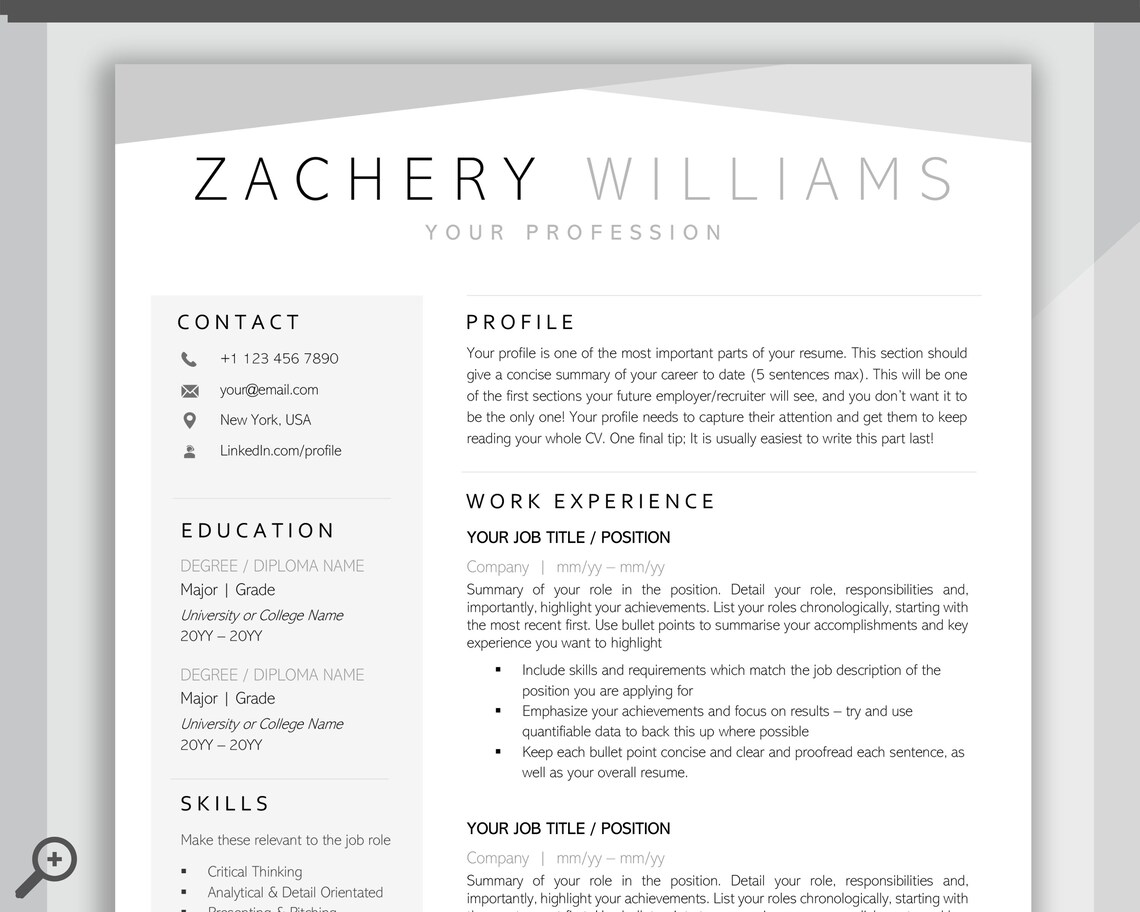 ONE Page Resume Template Word. CV Template Professional Cv | Etsy