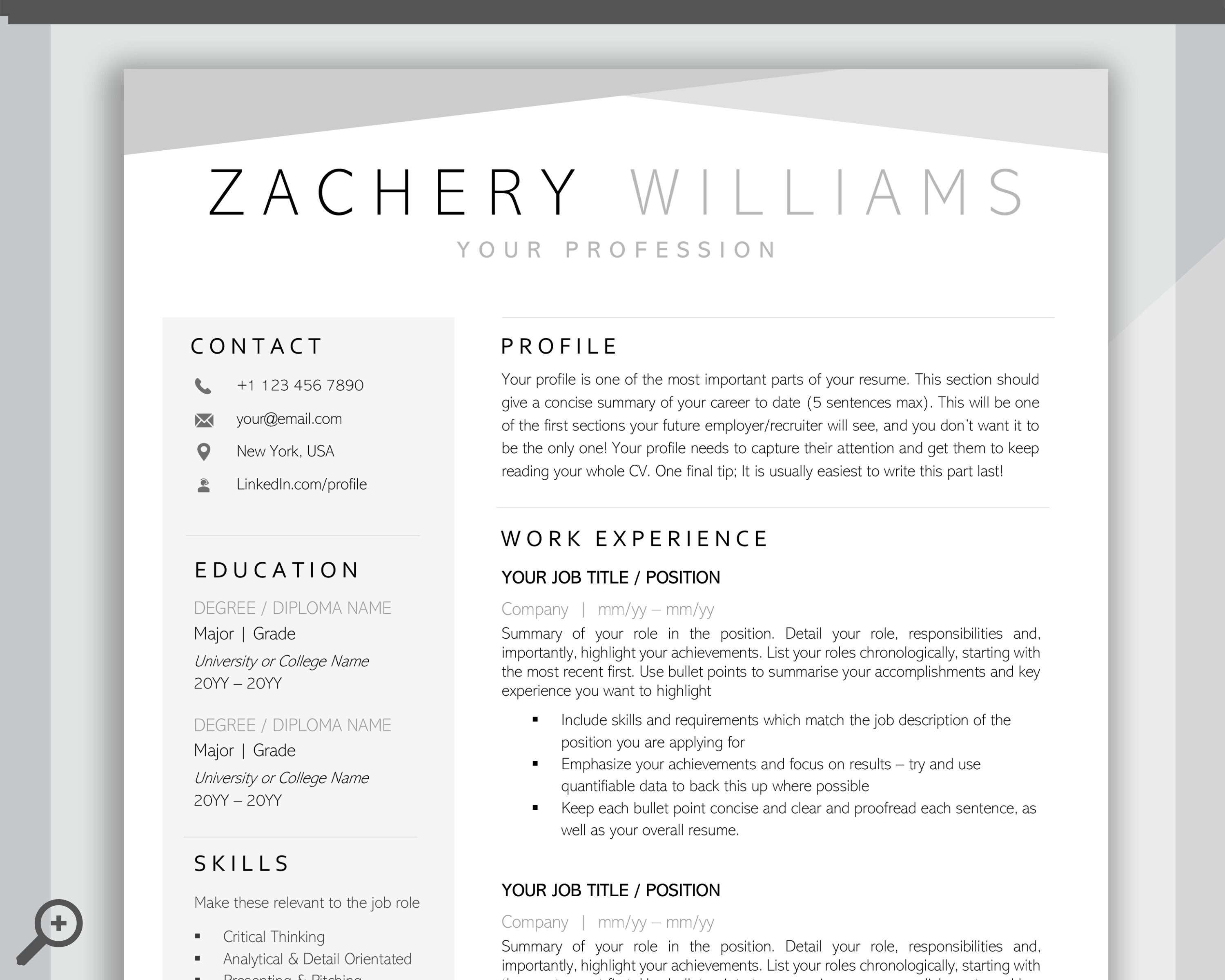 ONE Page Resume Template Word. CV Template Professional Cv | Etsy