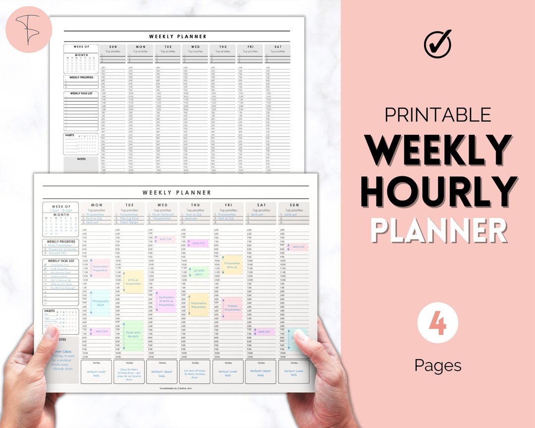 Weekly Hourly Planner Printable, Weekly Schedule, Daily, Minimalist ...