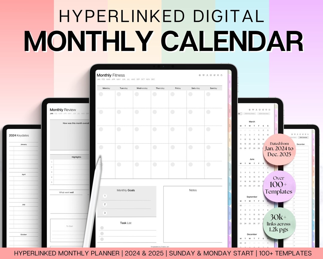 2024 Monthly Calendar, Hyperlinked Digital Planner, Monthly Planner ...