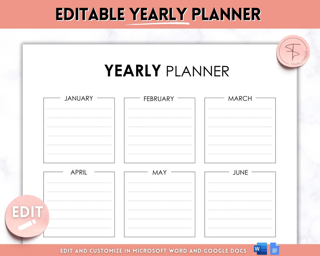 Editable Year at a Glance, 2024 Yearly Planner, Undated Annual Planner ...