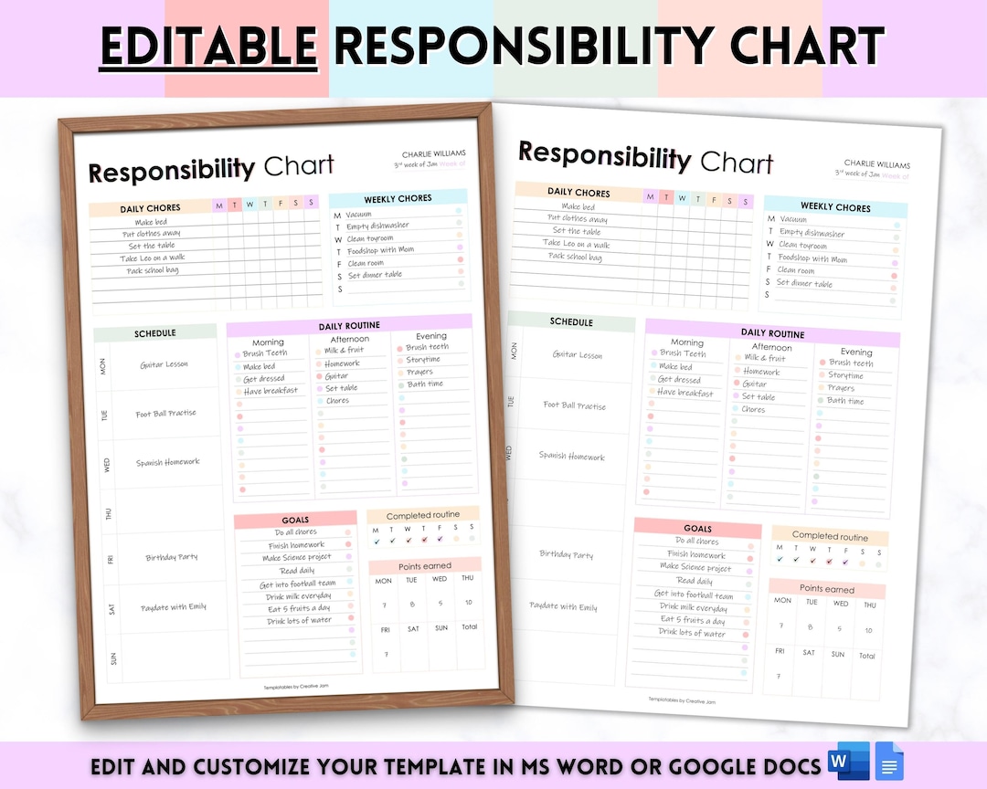 EDITABLE Responsibility Chart, Family Chore Chart, Reward Chart for ...