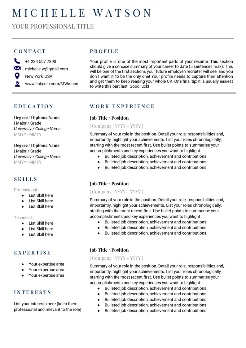 Google Docs RESUME TEMPLATE. CV Template Free. Professional - Etsy UK