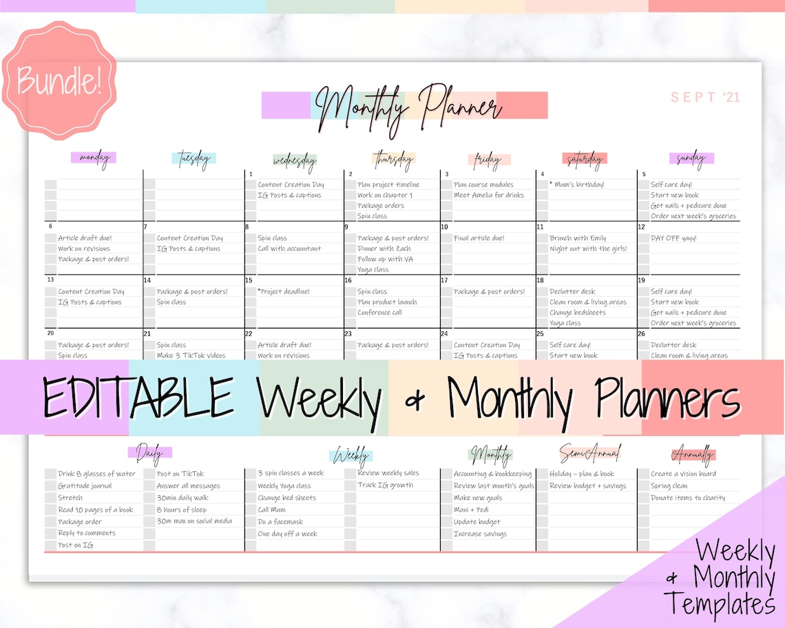 MONTH at a Glance Planner Editable Weekly & Monthly Planners | Etsy