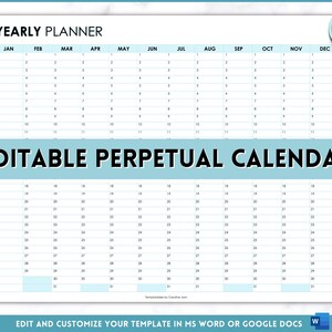Perpetual Calendar, EDITABLE Yearly Overview, Undated Year at a Glance ...