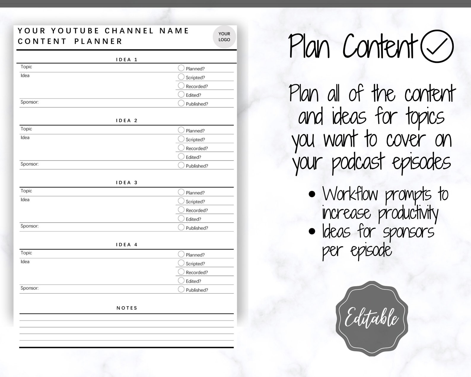 Youtube Planner, Video Planner, Social Media Content Calendar, EDITABLE ...