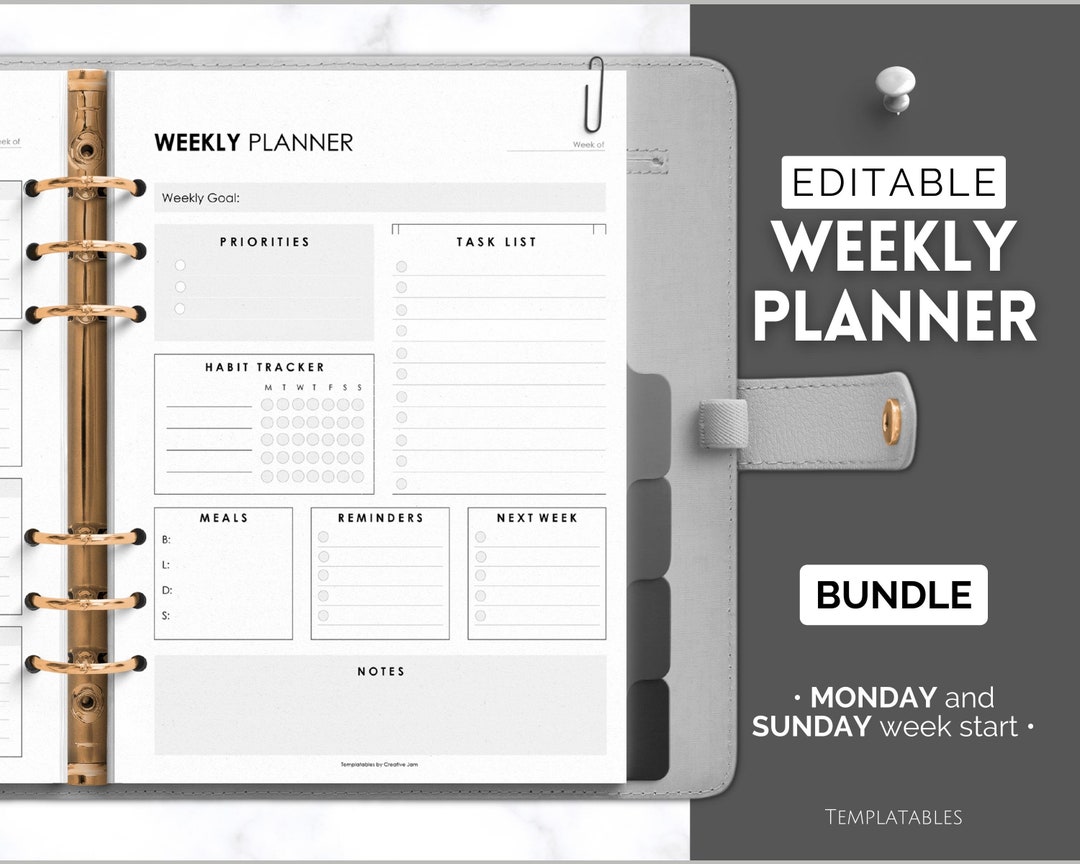 EDITABLE Weekly Planner Template BUNDLE, Week at a Glance, Weekly ...