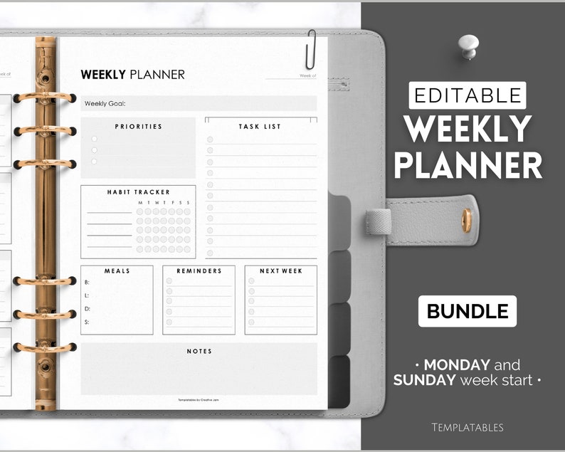 EDITABLE Weekly Planner Template BUNDLE Week at a Glance - Etsy