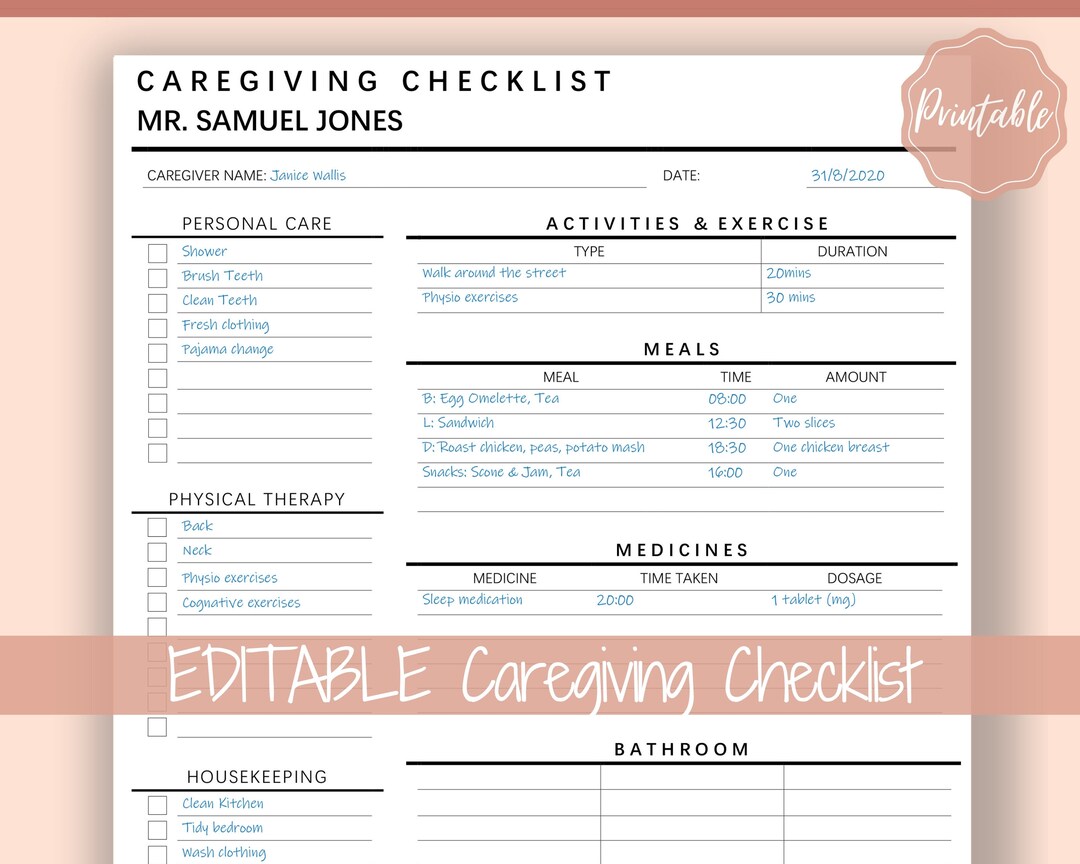 Caregiving Elderly Care Checklist. EDITABLE Printable is Ideal for ...