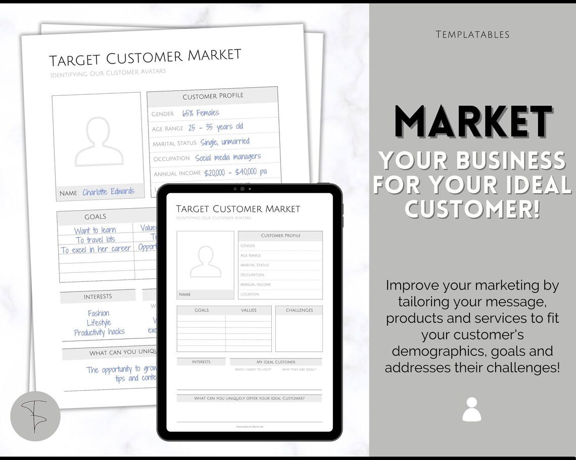 Customer Avatar Worksheet, Target Customer Market Template, Client ...