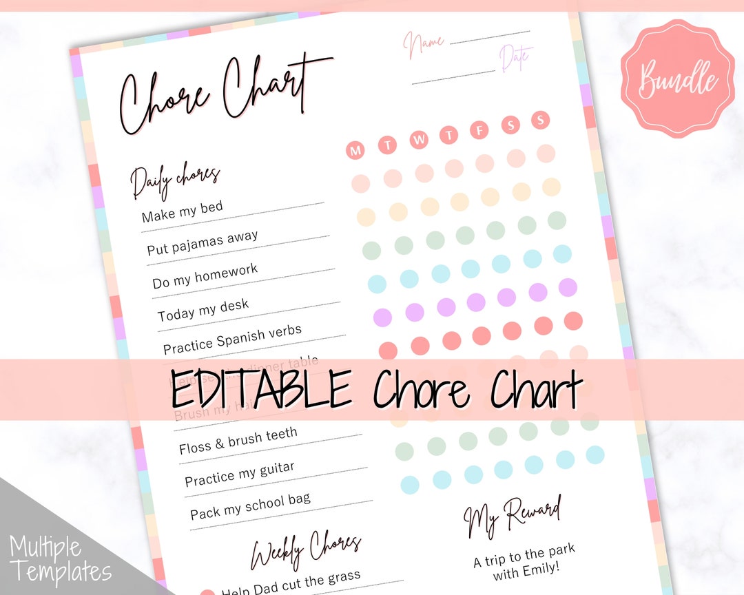 Colorful Chore Chart Printable. Reward Chart Template, Daily & Weekly ...