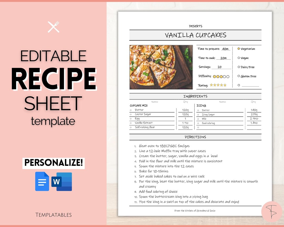 EDITABLE Recipe Sheet Template, Recipe Book Template, Recipe Cards ...