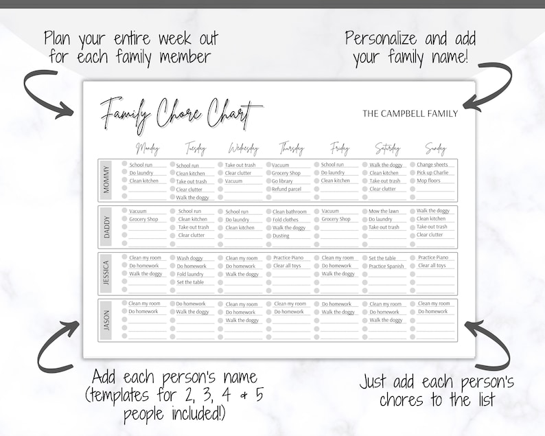 Family Chore Chart Editable Family Planner Printable Weekly - Etsy
