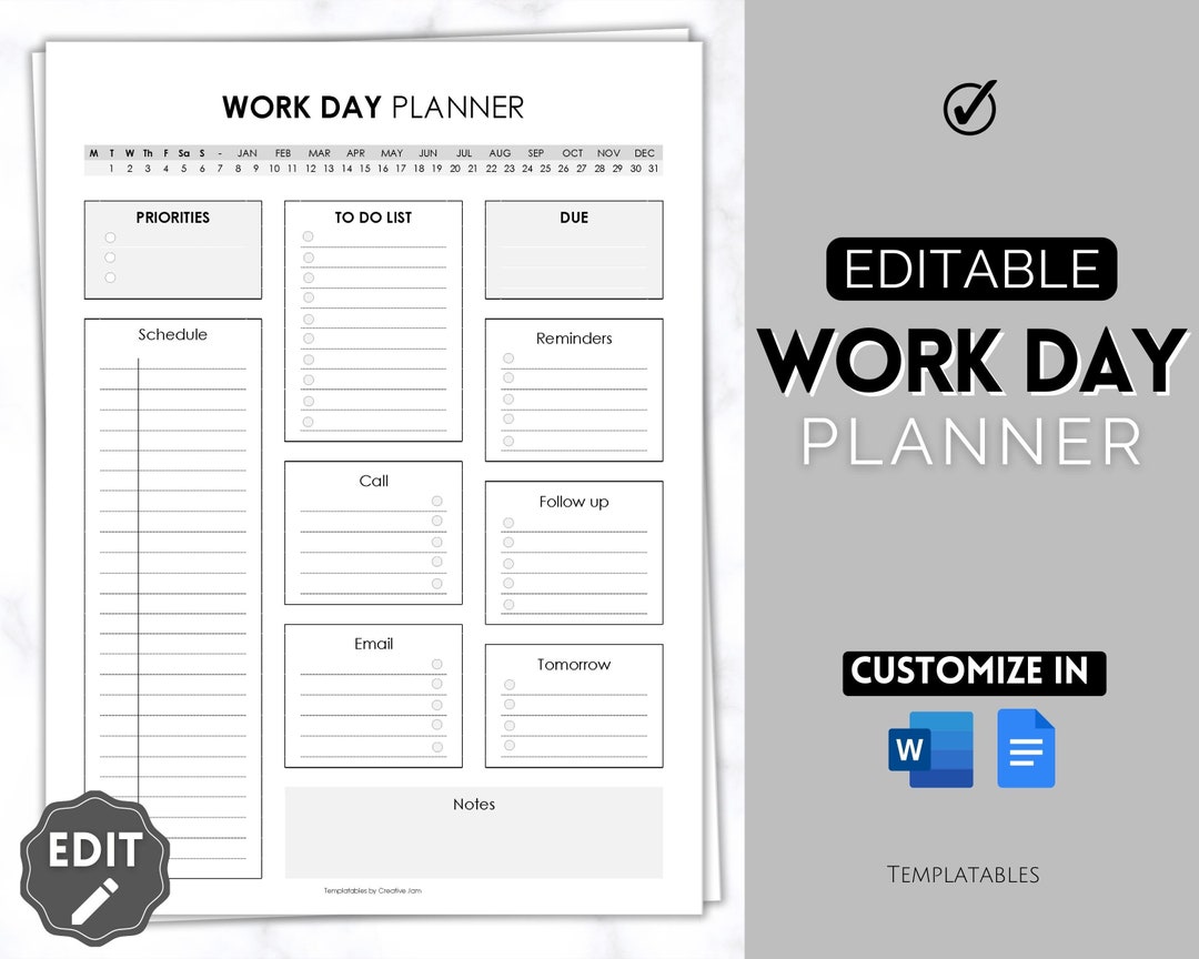 Editable Work Day Organizer, Daily Planner, Work From Home to Do List ...