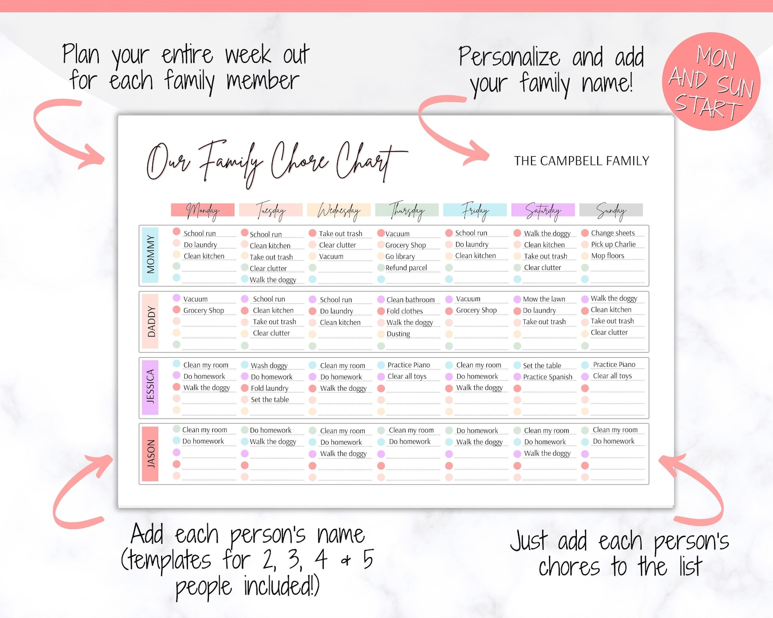 Colorful Family Chore Chart, Editable Family Planner Printable, Weekly ...