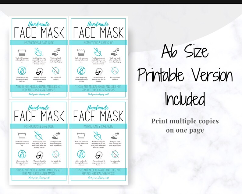 Face Mask LABEL CARE CARD Labels for handmade items Face | Etsy