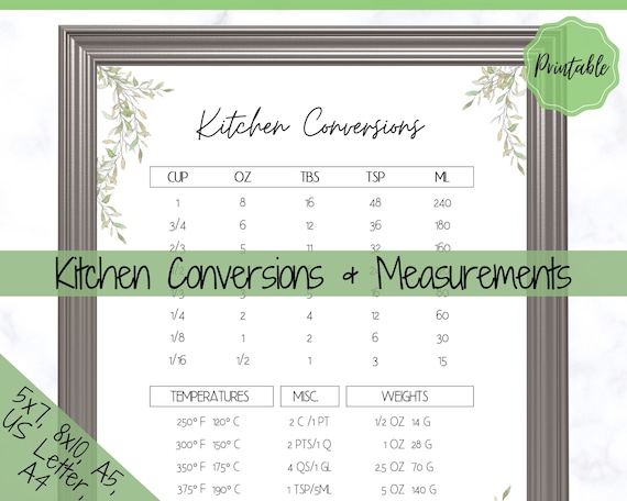 Kitchen Conversion Chart Printable Kitchen Measurements Cheat | Etsy UK