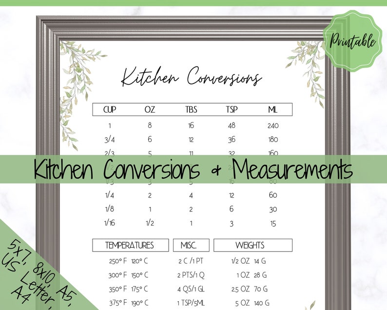 Kitchen Conversion Chart Printable Kitchen Measurements Cheat - Etsy