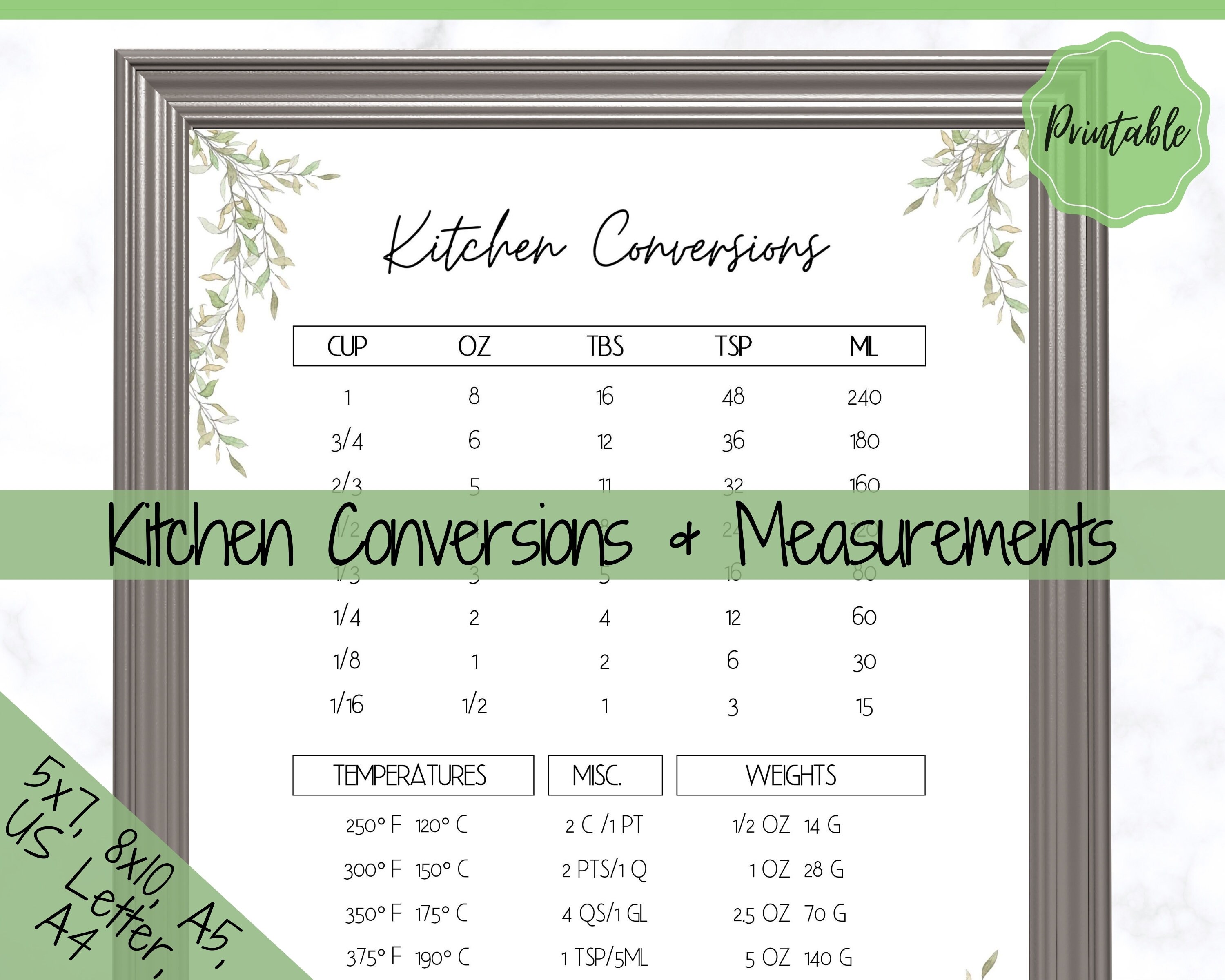 Kitchen Conversion Chart Printable Kitchen Measurements Cheat - Etsy UK