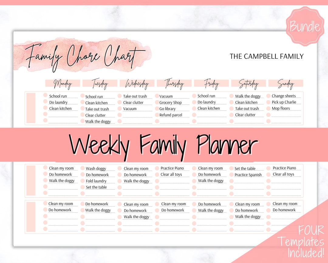 Family Chore Chart, Editable Family Planner Printable, Weekly Family ...