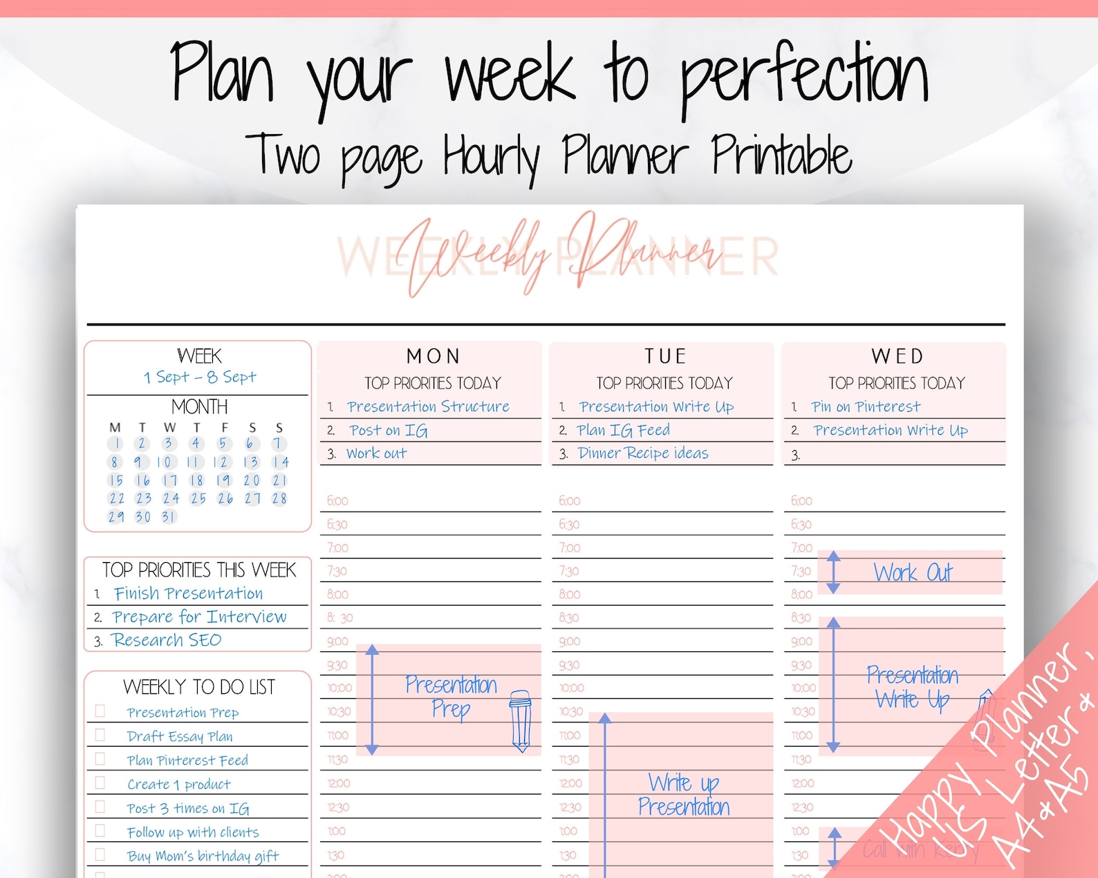 Weekly Planner Printable Hourly Planner Week on 2 Pages - Etsy UK