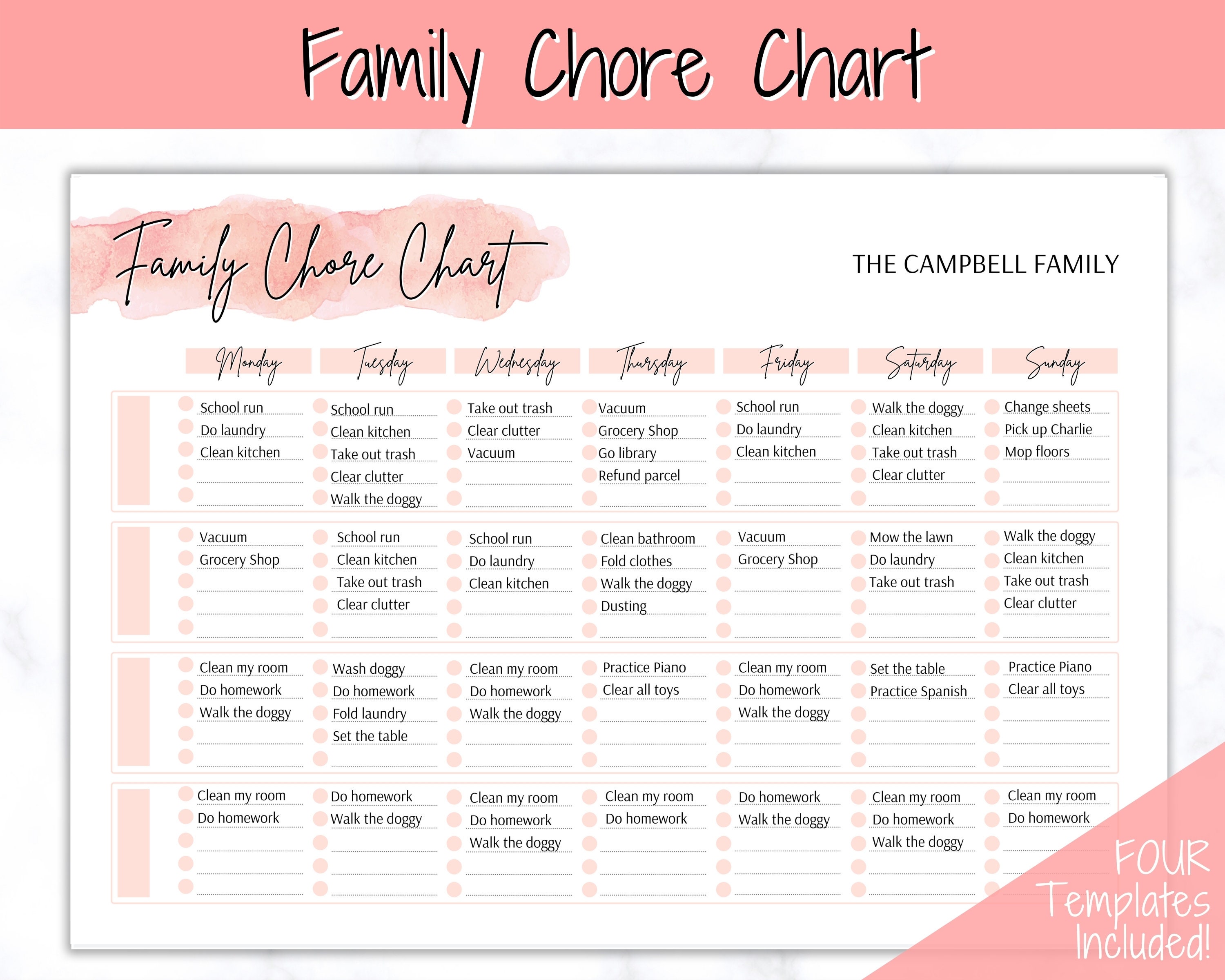 PINK Family Chore Chart Editable Family Planner Printable | Etsy
