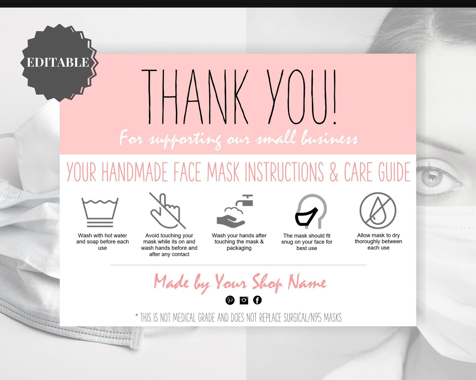 EDITABLE Face Mask Label Care Card THANK YOU for Your Order - Etsy