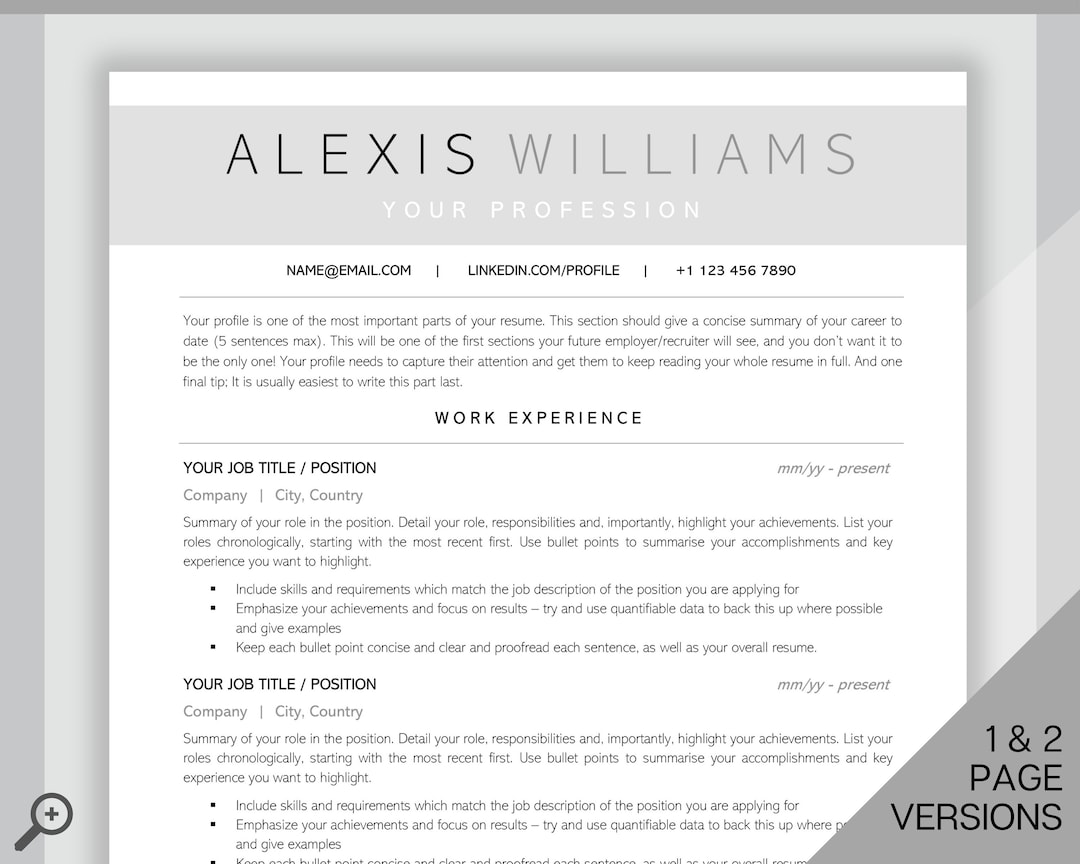 ONE Page Resume Template Word. CV Template Professional Cv - Etsy